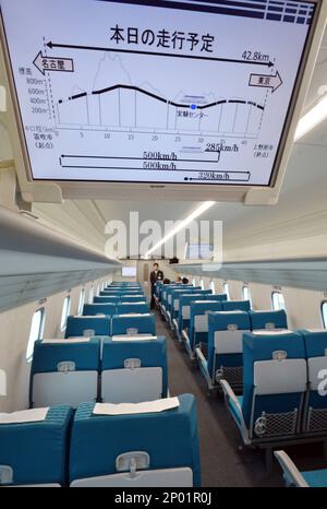 This photo shows the inside of L0 linear train in Tsuru, Yamanashi ...