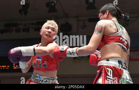 Japan's Naoko Fujioka (R) lands a punch against Mexico's Isabel Millan ...