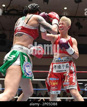 Japan's Naoko Fujioka (R) lands a punch against Mexico's Isabel Millan ...