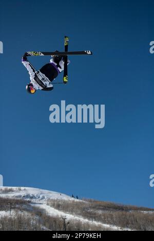Halfpipe skier Simon Dumont of Bethel, Maine flies through the air with ...