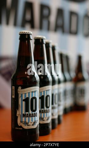 Bottles of the soon to be sold "10 Marado" beer sit at "Cerveceria ...