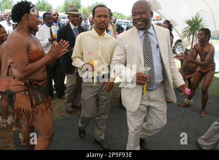 Tribal Bafokeng dancers entertain guests at a sod-turning event at the ...