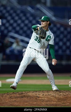 Charlotte 49ers relief pitcher Sam Conte (38) looks at his catcher ...
