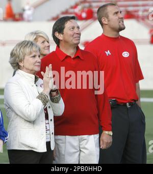 Jane Hoeppner, wife of Indiana football coach Terry Hoeppner, listens ...