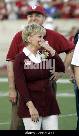 Jane Hoeppner, wife of Indiana football coach Terry Hoeppner, listens ...
