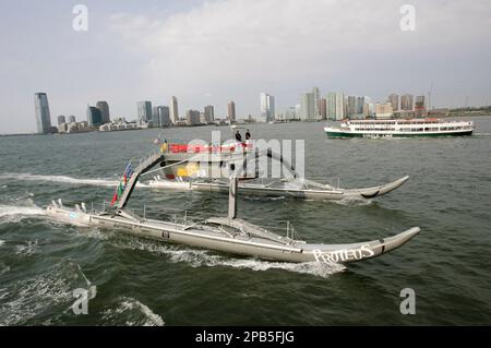 Proteus, a prototype wave adaptive modular vessel, cuts through the ...