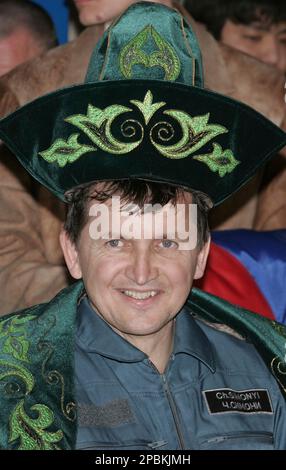 Wearing traditional Kazakh costume Russian cosmonaut Sergey Ryazansky ...