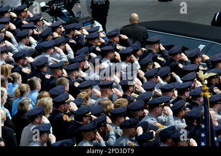 Fellow officers salute as the hearse carrying the casket of slain ...
