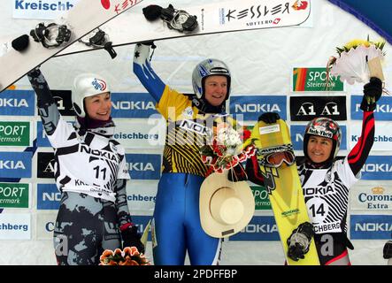 Ursula Bruhin from Switzerland celebrates in the finish area of the ...