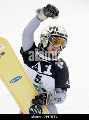 Ursula Bruhin from Switzerland celebrates in the finish area of the ...