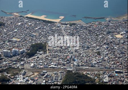 An aerial photo shows Tanabe city in Wakayama Prefecture where it is ...