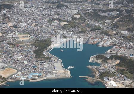 An aerial photo shows Tanabe city in Wakayama Prefecture where it is ...