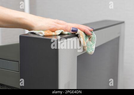 Die Frau wischte den Staub mit einem Lappen von den Blättern von ...