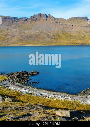 Landschaft entlang des Strandavegur bei Veidileysufjoerdur. Der ...