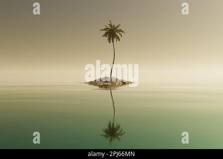 Kleine tropische Insel mitten im Ozean mit einer kleinen Palme und ein ...