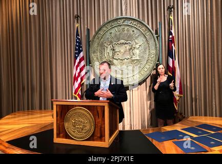 Hawaii Gov. Josh Green speaks to reporters after delivering his State ...