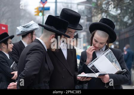 4 chassidische jüdische Männer teilen sich bei der Zeremonie ein ...
