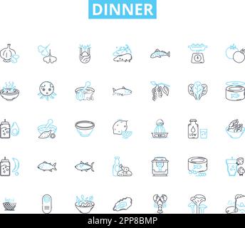 Dinner lineare Symbole gesetzt. Festmahl, Teller, Essen, Essen, Küche ...