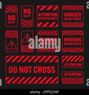 Verschiedene rote Grunge-Warnschilder mit diagonalen Linien. Alte ...