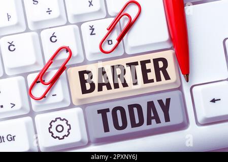 Handschriftlicher Text Barter. Konzeptioneller Fotohandel durch den ...