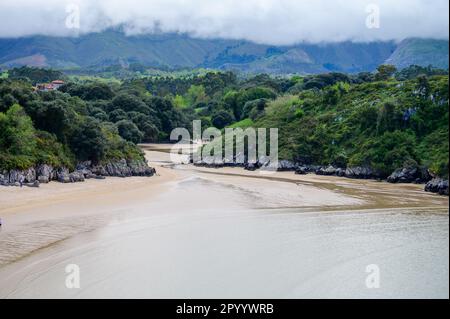 Blick auf Playa de Poo bei Ebbe nahe Llanes, grüne Küste von Asturien ...
