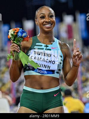 Doha, Katar, 5. Mai 2023. Jasmine Camacho-Quinn aus Puerto Rico feiert ...