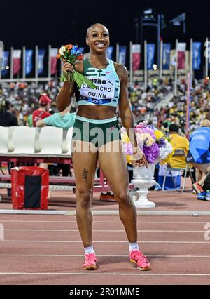 Doha, Katar, 5. Mai 2023. Jasmine Camacho-Quinn aus Puerto Rico feiert ...