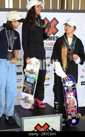 (L-R) Momiji Nishiya of Japan, 2nd, Jhulia Rayssa Mendes Leal of Brazil ...