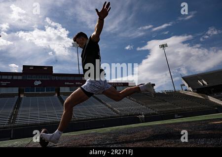 Adam Botkin a football TikTok influencer, records a video for a post at ...