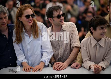 Milo Machado Graner, from left, Sandra Huller, director Justine Triet ...