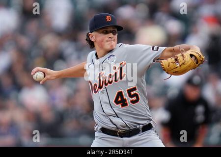Detroit Tigers starting pitcher Reese Olson sits in the dugout after ...
