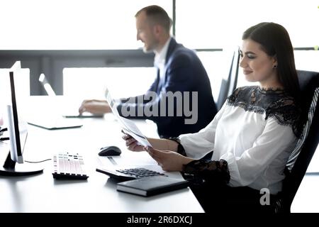 Zwei professionelle Mitarbeiter arbeiten sorgfältig zusammen an ihrem ...