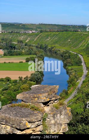 Blick vom Besigheim Felsgarten, Fluss: Neckar, Flusszug mit Sand ...