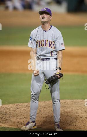 June 11, 2023: LSU relief pitcher Gavin Guidry (1) celebrates after ...