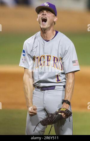 June 11, 2023: LSU relief pitcher Gavin Guidry (1) celebrates after ...