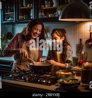 Mutter und Tochter helfen sich gegenseitig beim Kochen in der Küche ...