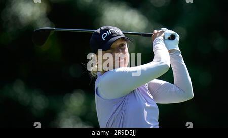 Celine Borge, of Norway, watches her shot off the tee on the second ...