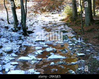 Heiterfrost, nördlicher Schwarzwald bei Bad Liebenzell im Winter mit Eis und Schnee, Fluss ...