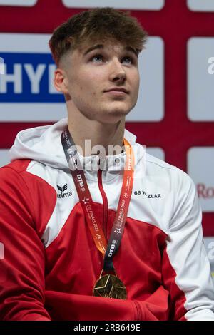 Pascal BRENDEL, KTV Wetzlar, jubelt am 7. Juli 2023 in Düsseldorf mit ...