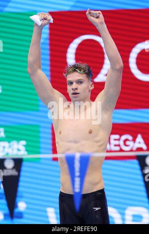 Fukuoka. 27. Juli 2023. Leon Marchand aus Frankreich reagiert nach dem ...