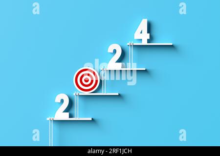2024 Konzept der Unternehmensplanung, -Strategie und -Analyse. Ziele für 2024. Blaue Pfeile ...
