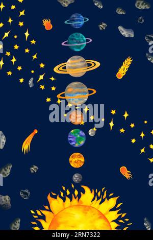 Aquarell-Astroiden, Sonne und Erde Illustration Set, Cute Kindergarten ...