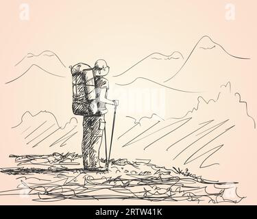 Zeichnung von Mädchen Backpacker Wandern in den Bergen, Vector Linie Kunst Skizze Hand ...