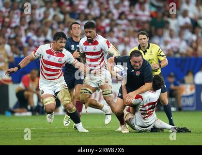 Der Engländer Jamie George wird während der Rugby-Weltmeisterschaft ...