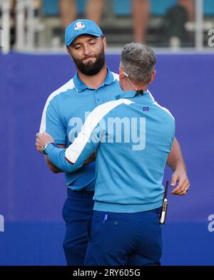 Europe's Team Captain Luke Donald and his wife Diane shake hands with ...
