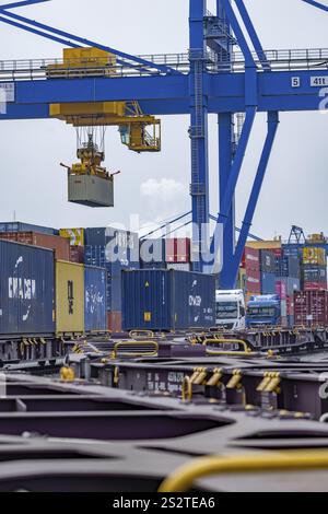 Kran lädt Container auf Züge und Lastkraftwagen am Containerhafen D3T ...