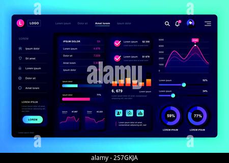 Neumorphic Dashboard UI Kit. Admin-Panel Vektor-Designvorlage mit Infografik-Elementen, HUD ...