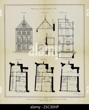 Plattegronden doorsneden en opstand van de voorgevel van het Plan tot ...