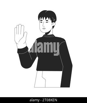 Pixie Schnitt koreanische Frau winkende Hand schwarz-weiße 2D Vektor ...