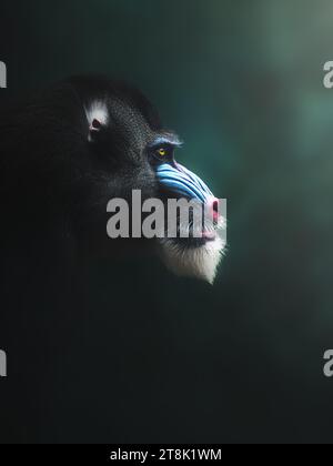 Bunte Gesicht eines Affen Mandrill (Mandrillus Sphinx), Kopf drehte ...